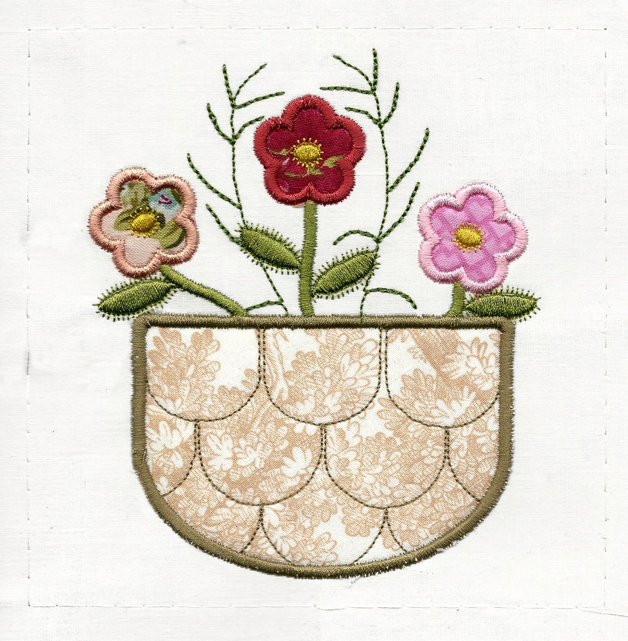 Folksie Pot of Flowers Applique Quilt Square